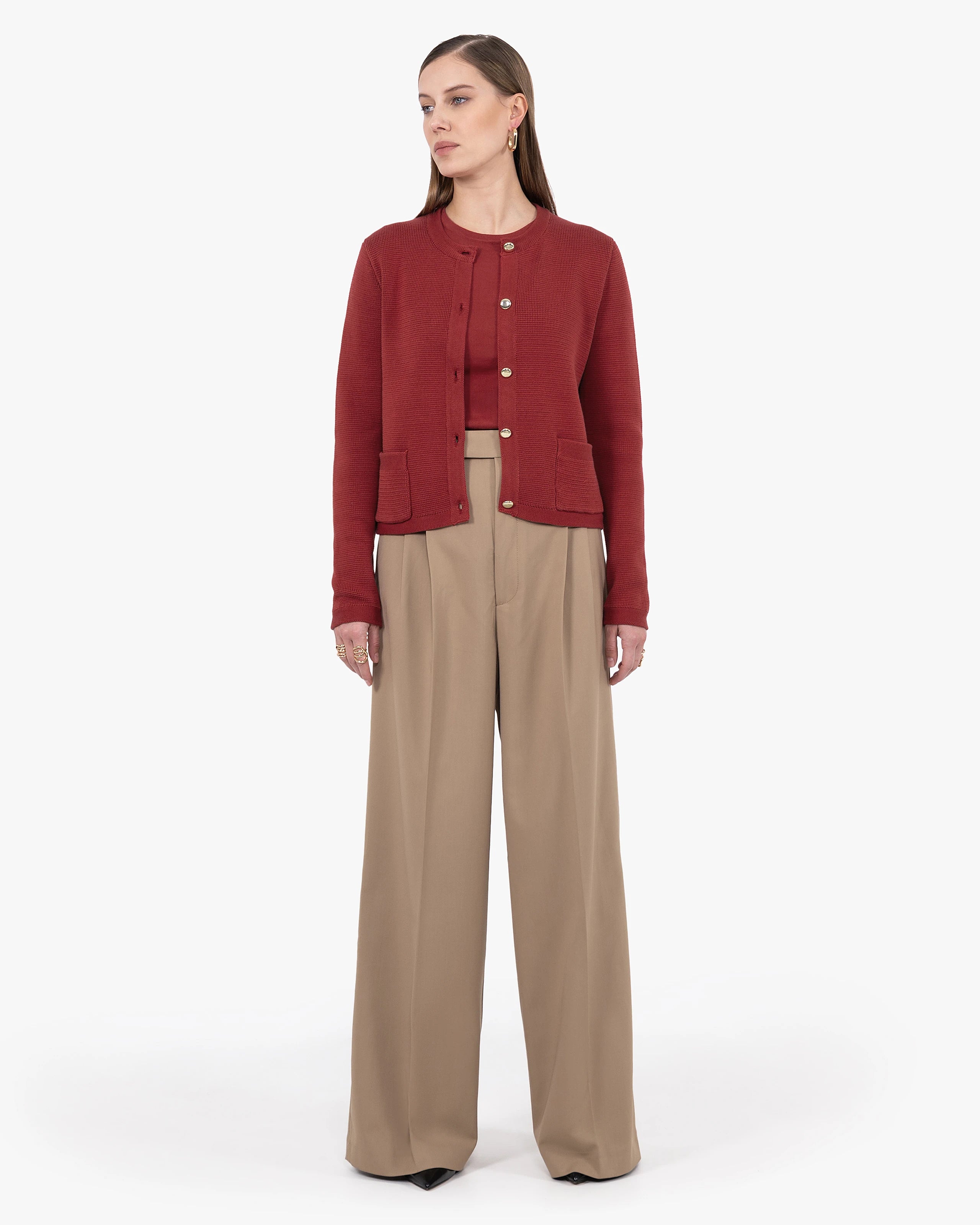 Women's Oasi Crew Neck Cotton Cardigan - Red | MaisonCashmere