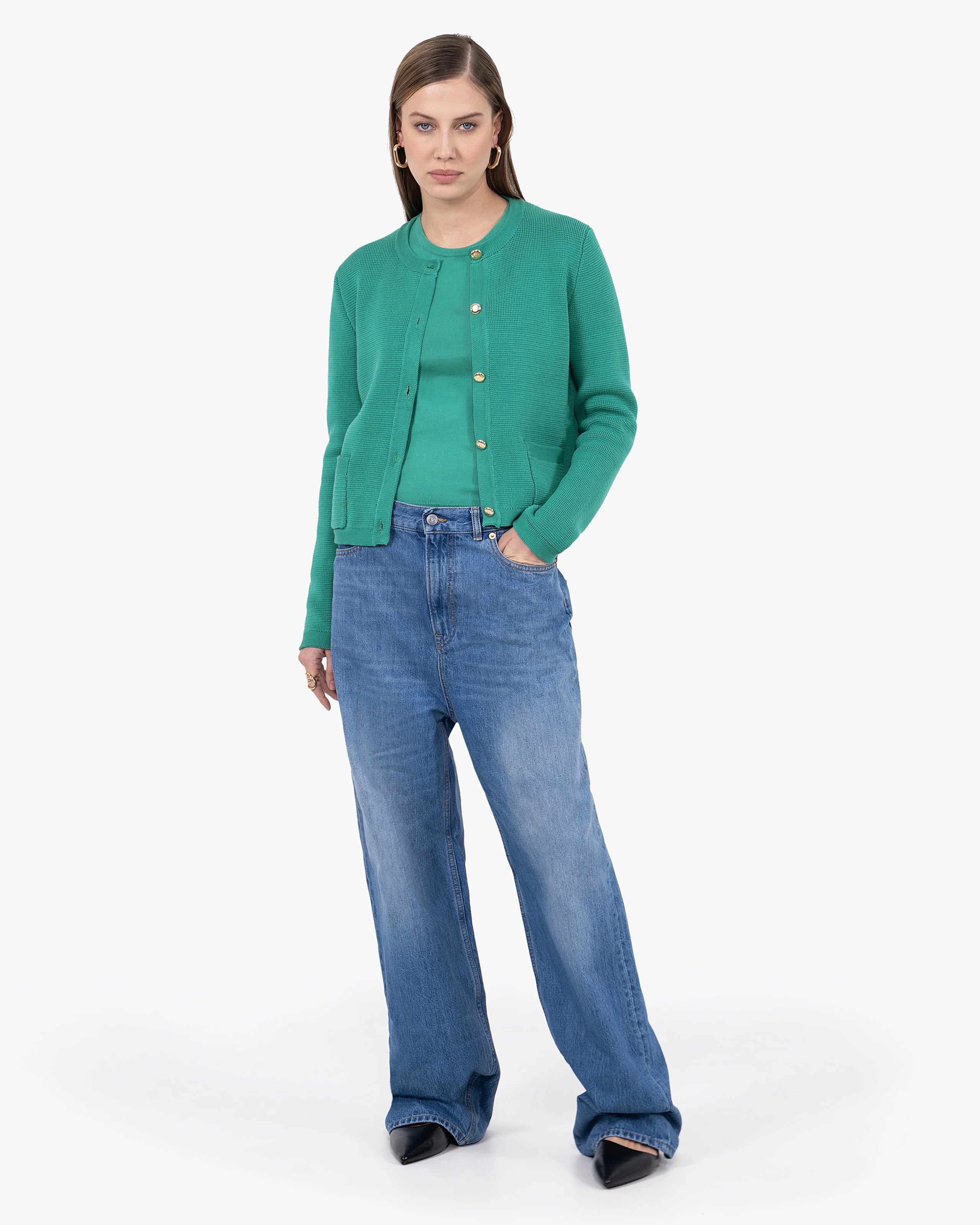 Women's Oasi Crew Neck Cotton Cardigan - Green | MaisonCashmere