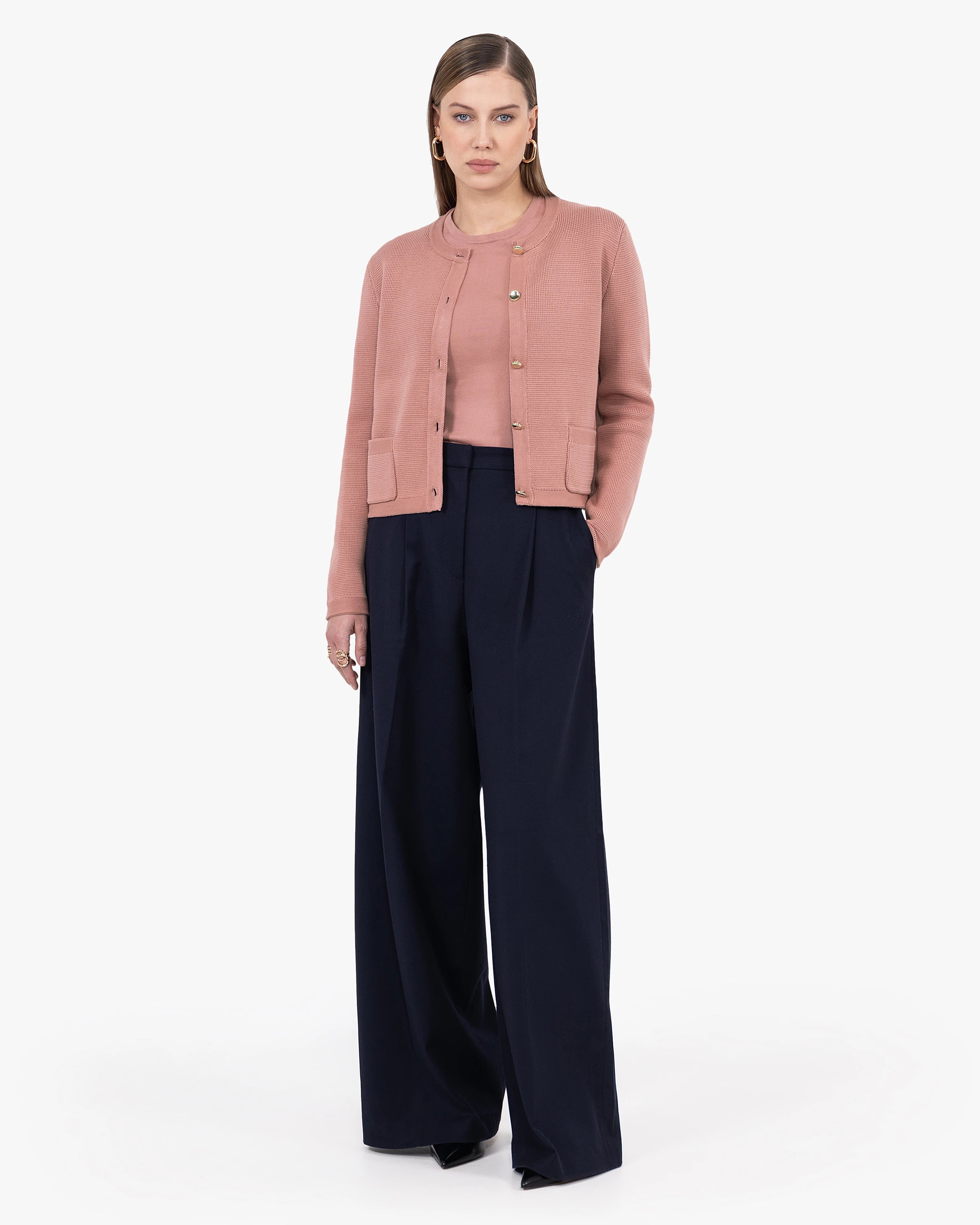 Women's Oasi Crew Neck Cotton Cardigan - Blush | MaisonCashmere