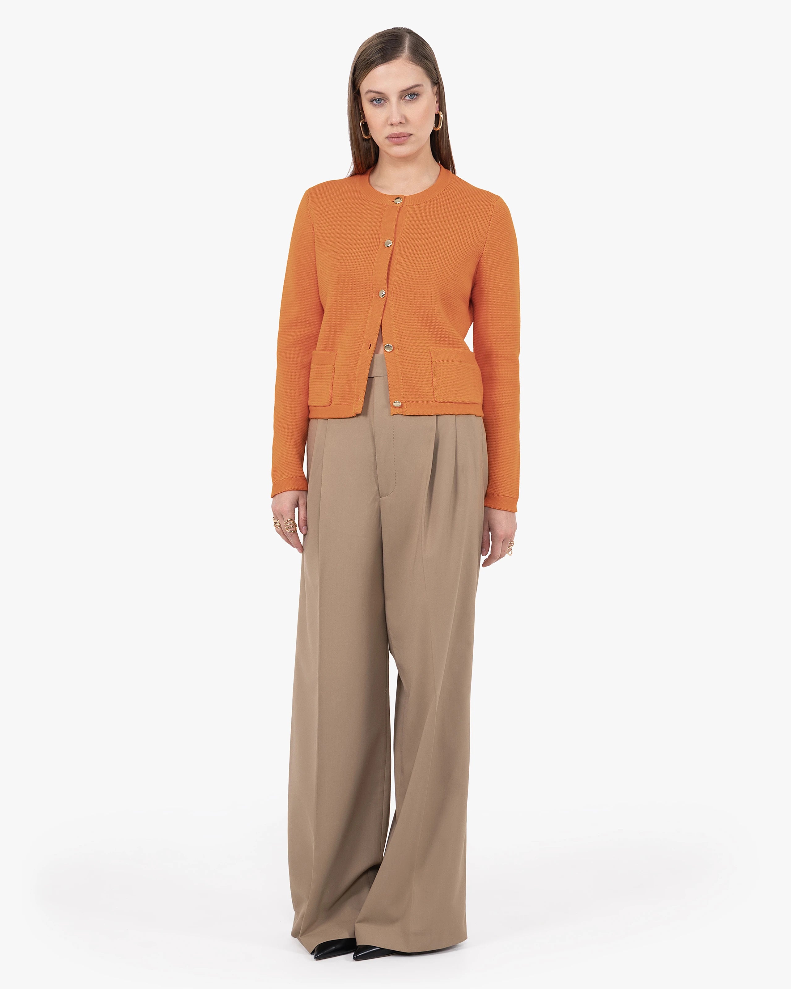 Women's Oasi Crew Neck Cotton Cardigan - Orange | MaisonCashmere