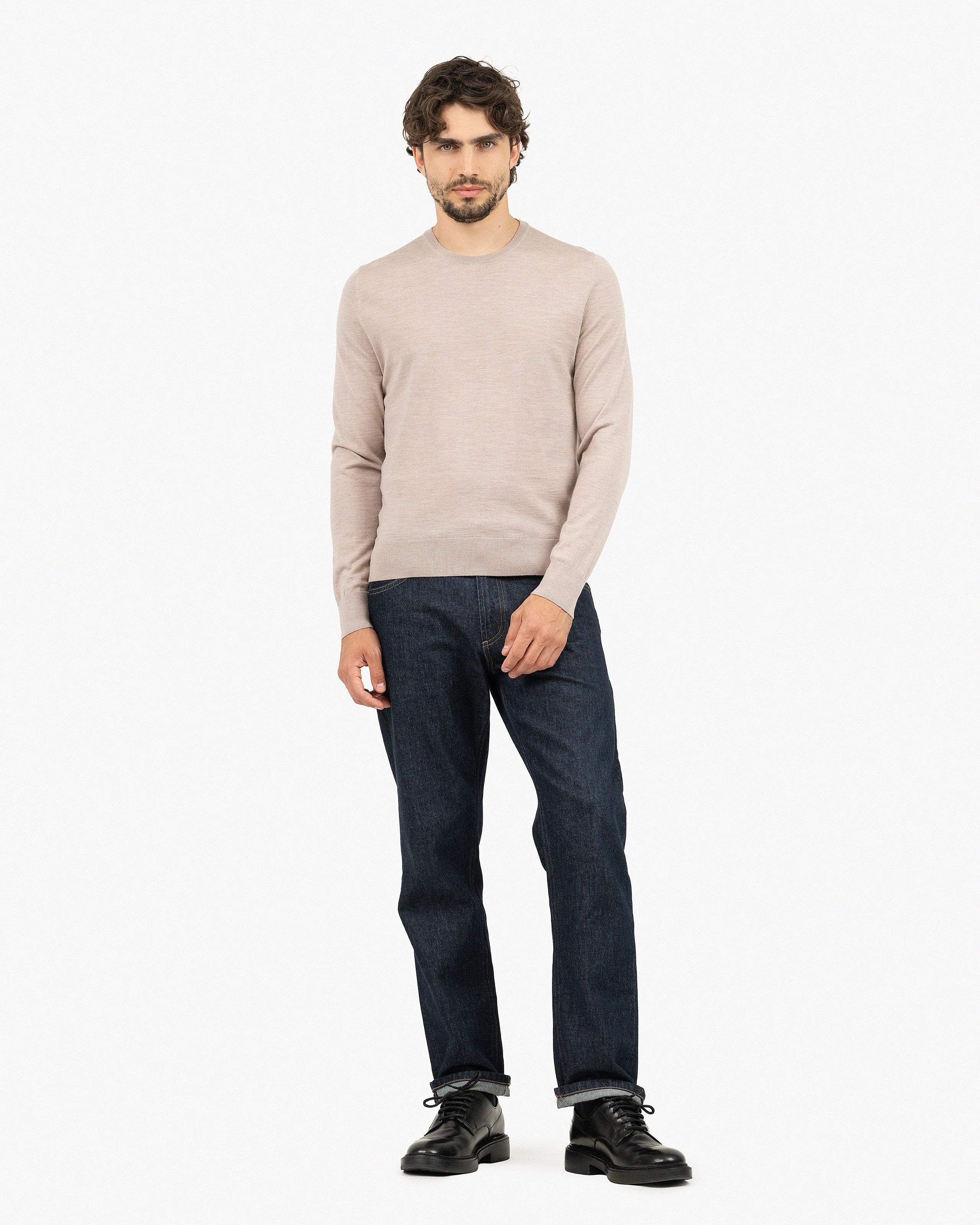 Men's Belmond Extrafine Merino Crew Neck Sweater - Beige | MaisonCashmere