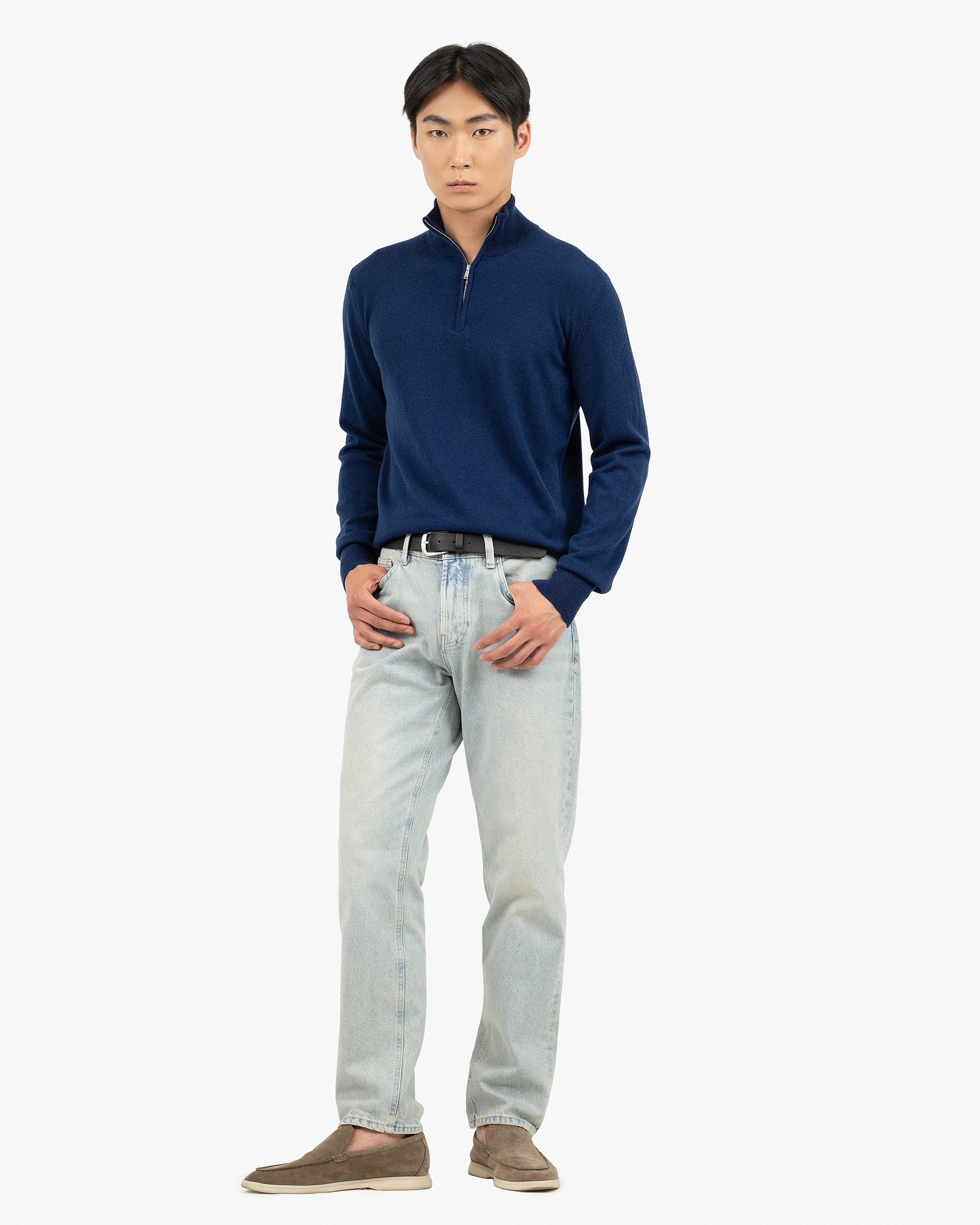 Men's Saxon Merino Half-Zip Mock Neck - Blue | MaisonCashmere