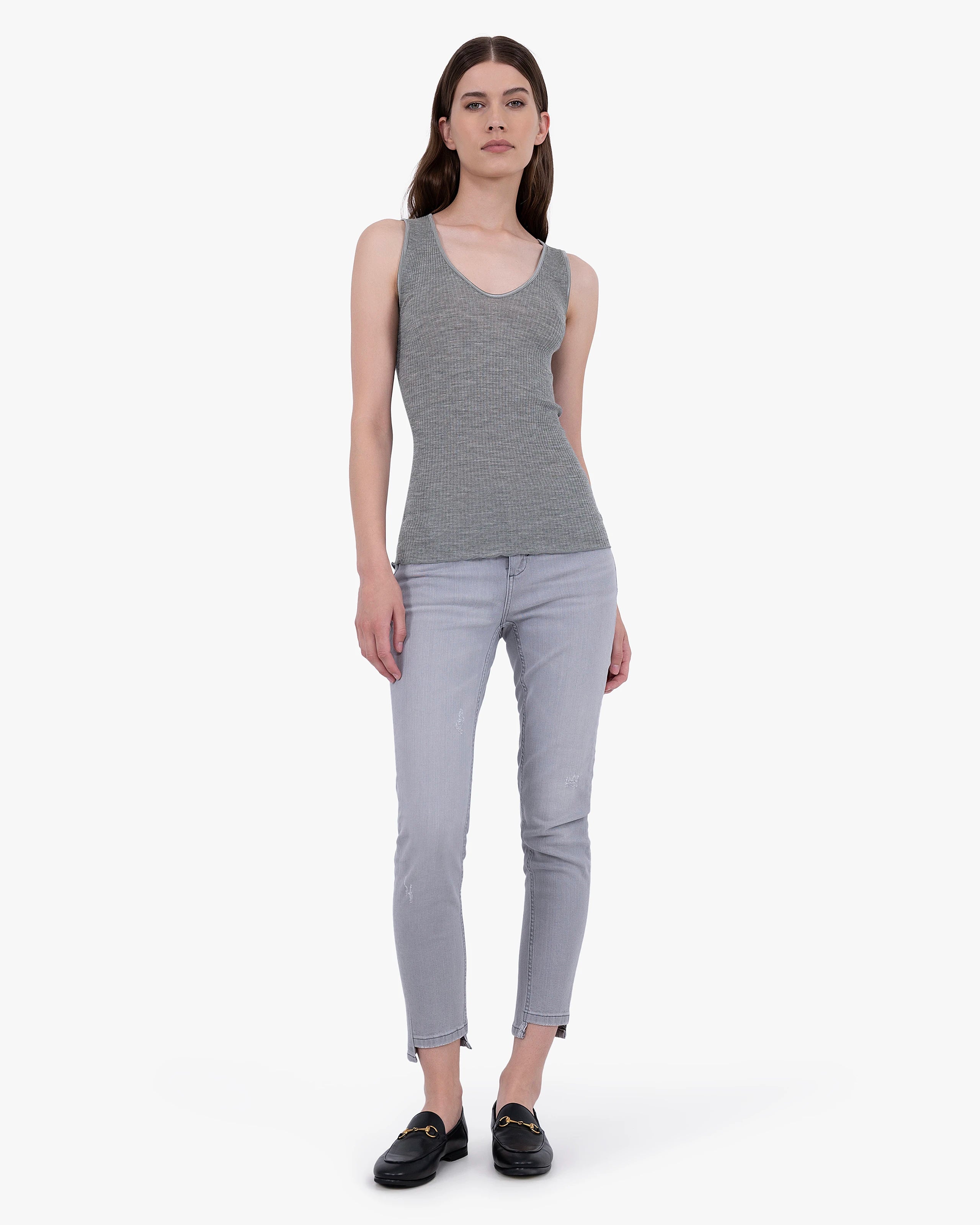V-Neck Wool-Silk Pleated Tank Top - Grey | MaisonCashmere