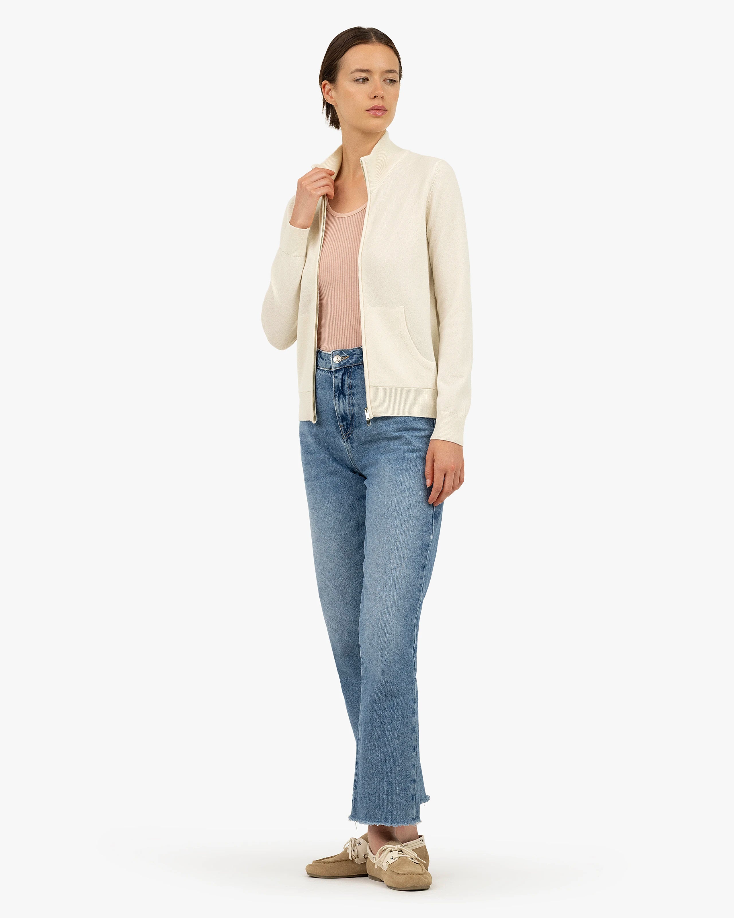 Women's Salò Zip Cashmere Cardigan - White | MaisonCashmere