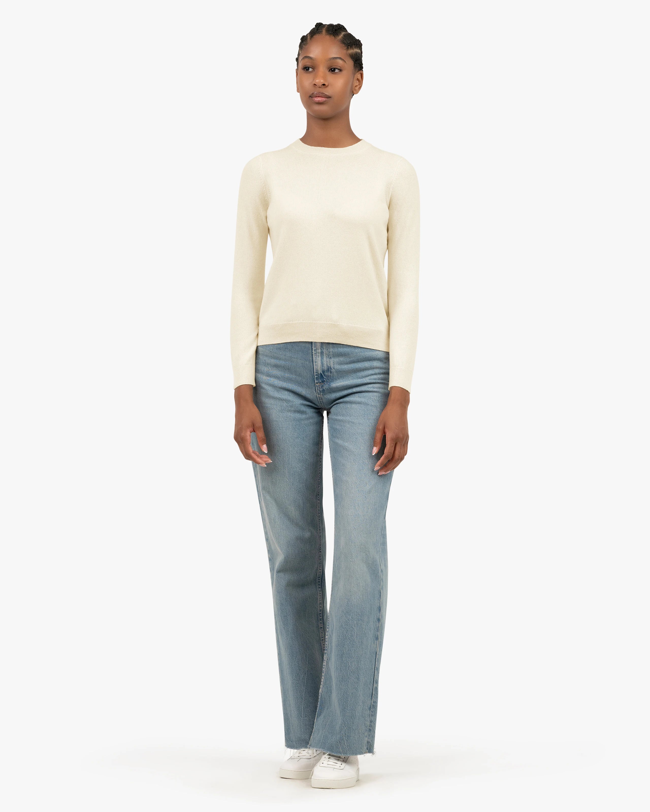 Women's Tribeca Cashmere Crew Neck Sweater - White | MaisonCashmere