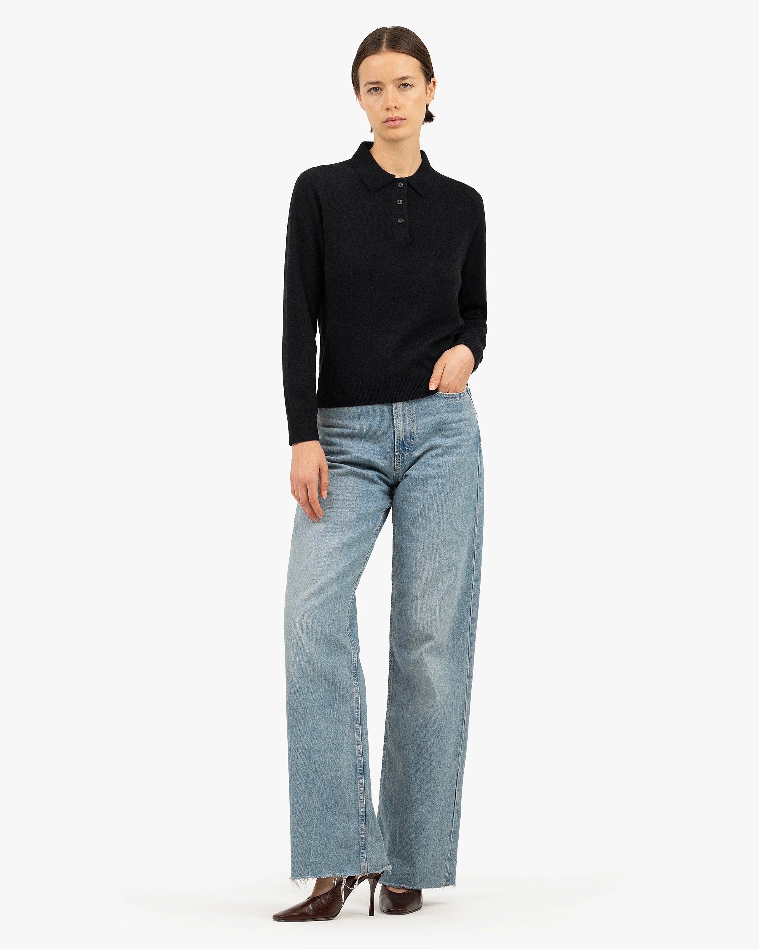 Women's Tribeca Cashmere Polo Sweater - Black | MaisonCashmere